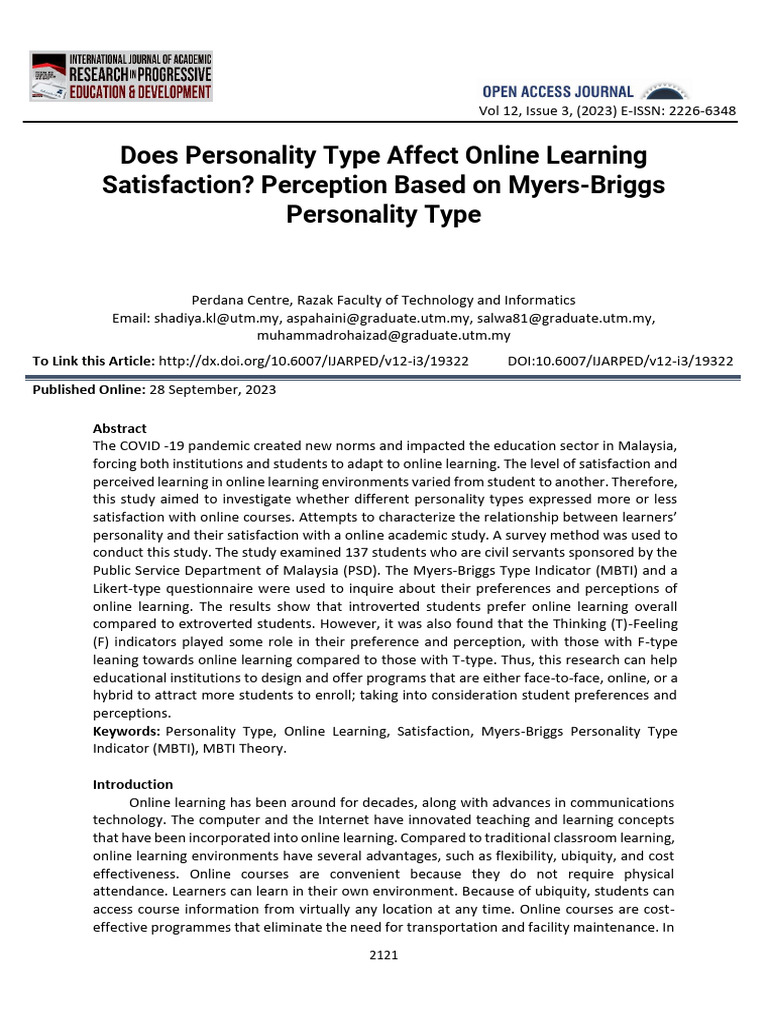 Does Personality Type Affect Online Learning Satisfaction Perception ...