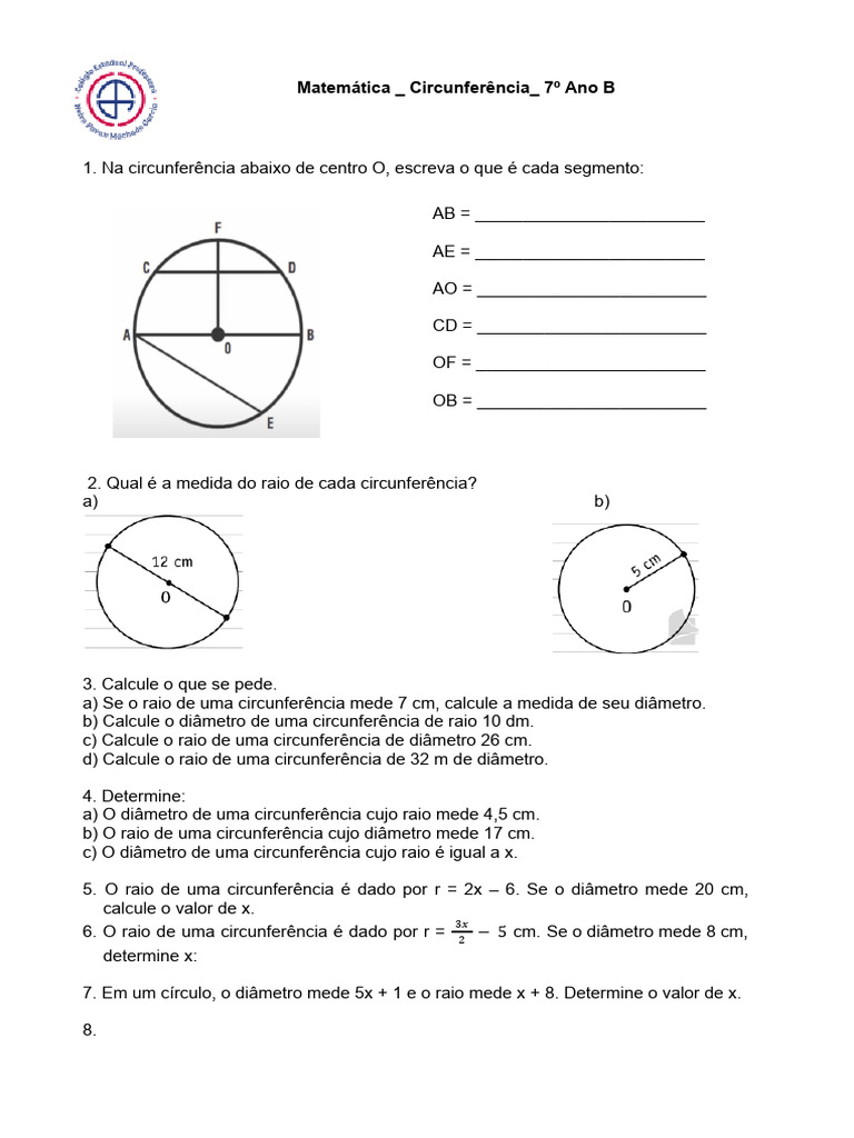 Matemática - Circunferência - 7º Ano B | PDF