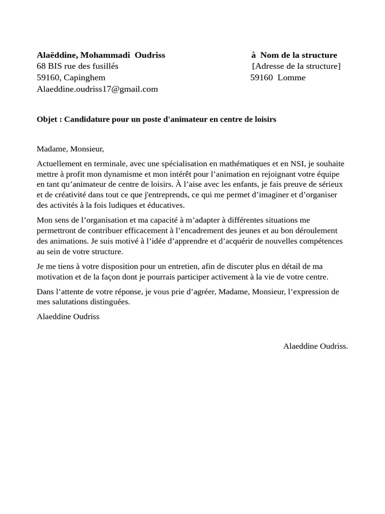Lettre de Motivation Animateur | PDF