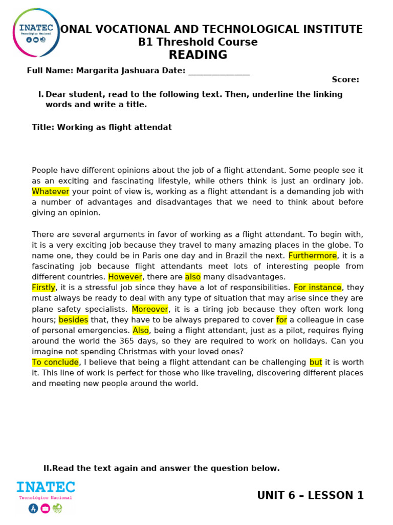 Reading - U6 L1 | PDF