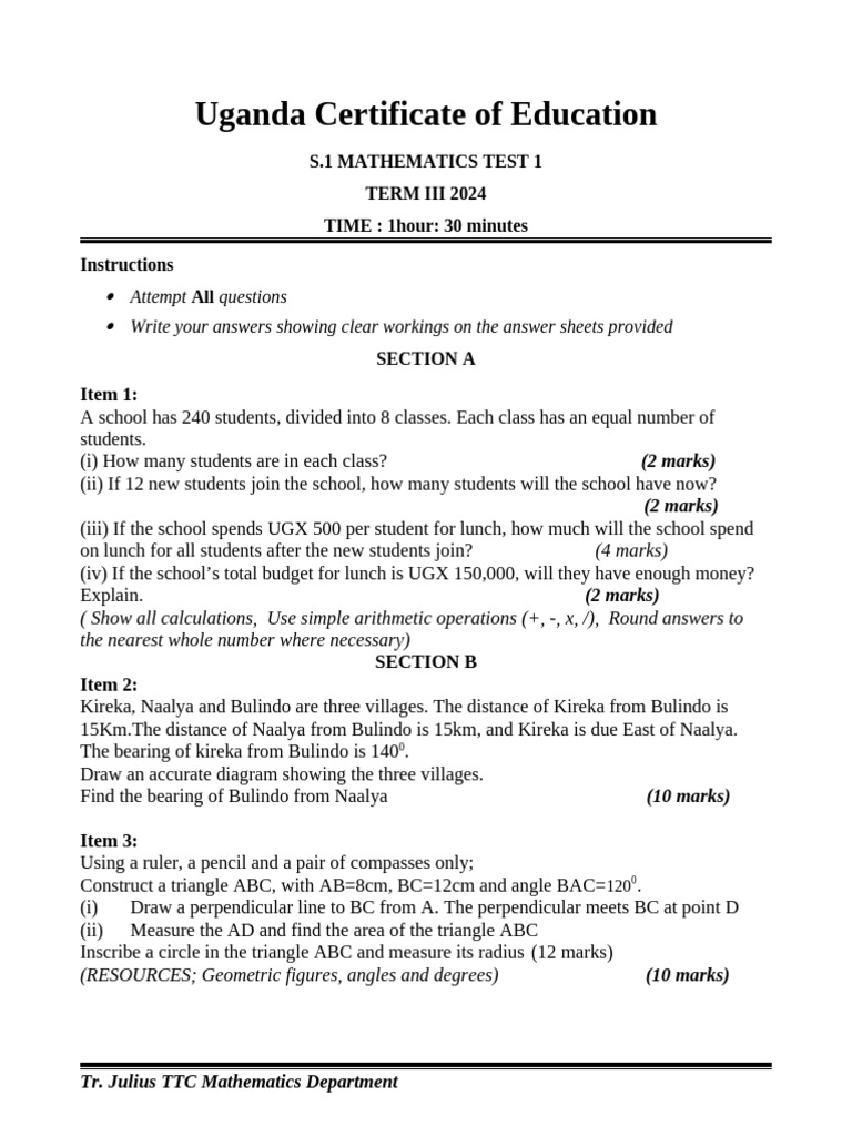 S.1 MATHS TEST 1 Uganda Certificate of Education | PDF