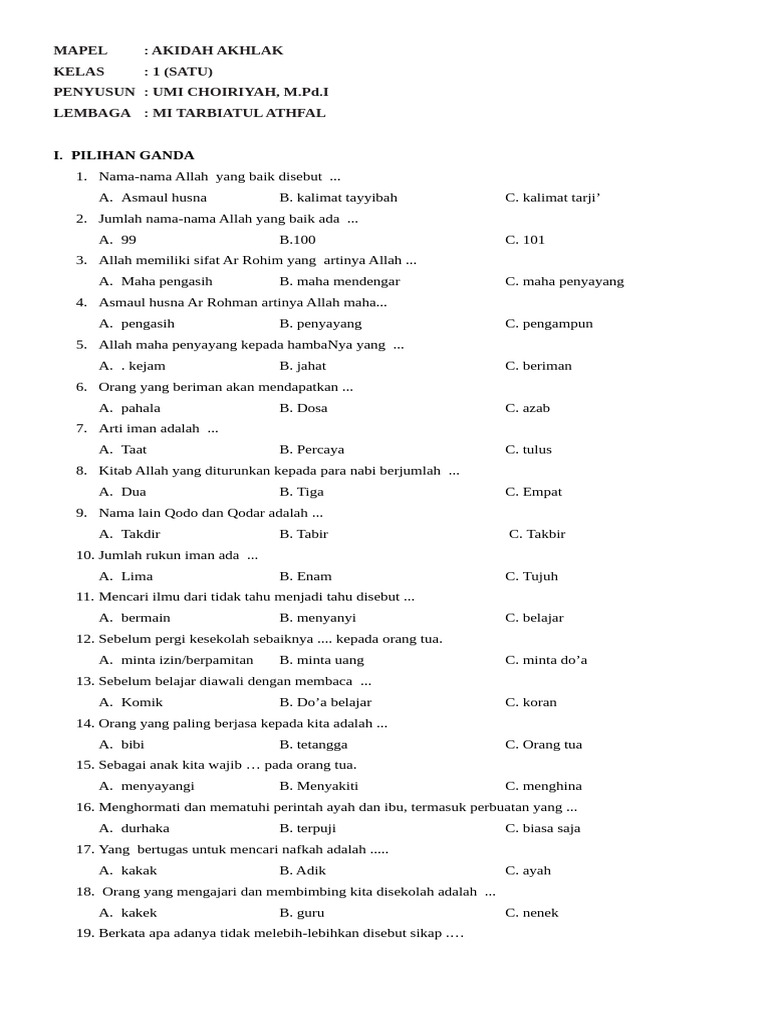 Soal Aa 1 Pat 23-24 (B.umi) | PDF