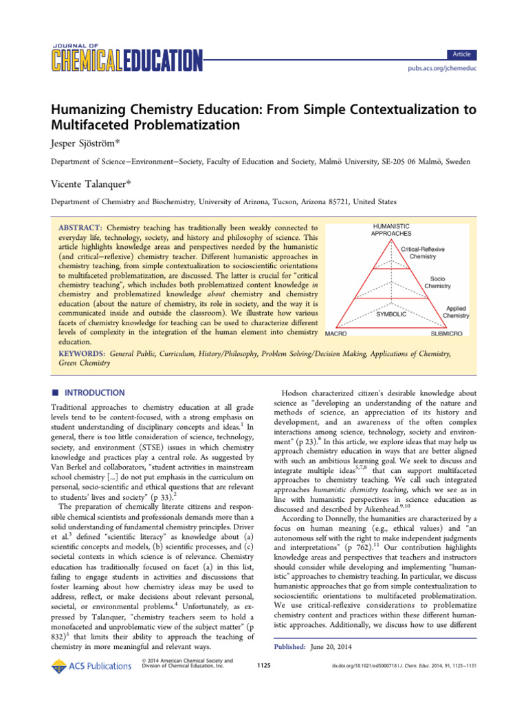 Sjöström Talanquer 2014 Humanizing Chemistry Education From Simple ...