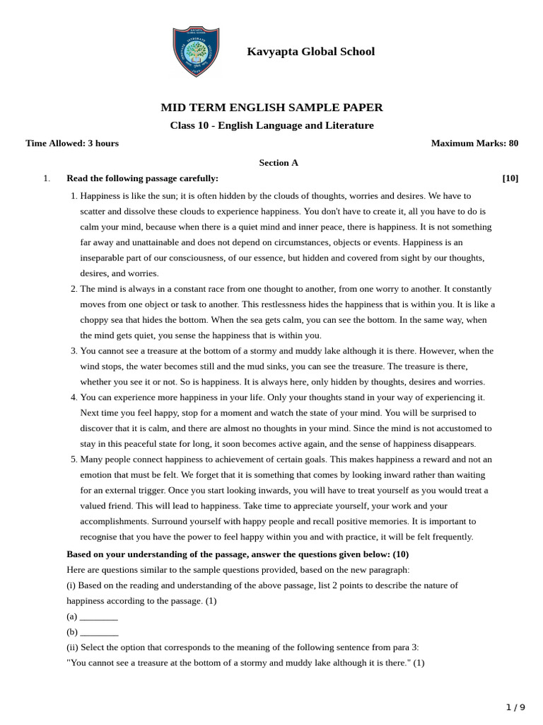 GRD X Eng SamplePaper QP | PDF