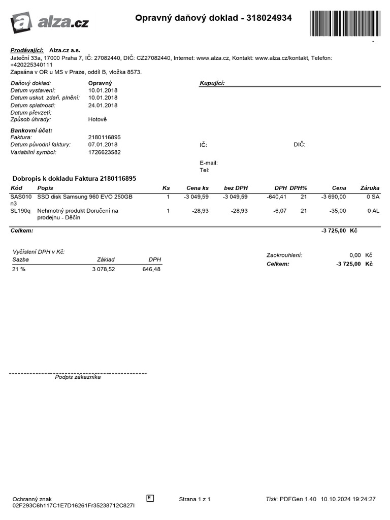 Opravný Daňový Doklad - 318024934: Alza - CZ A.S | PDF