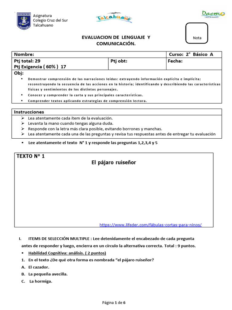 2° A Eval. Lenguaje Unidad 1 Iac | PDF