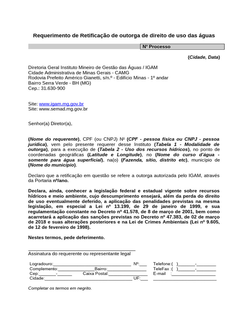 Outorga Requerimento Retificação de Outorga Novo | PDF