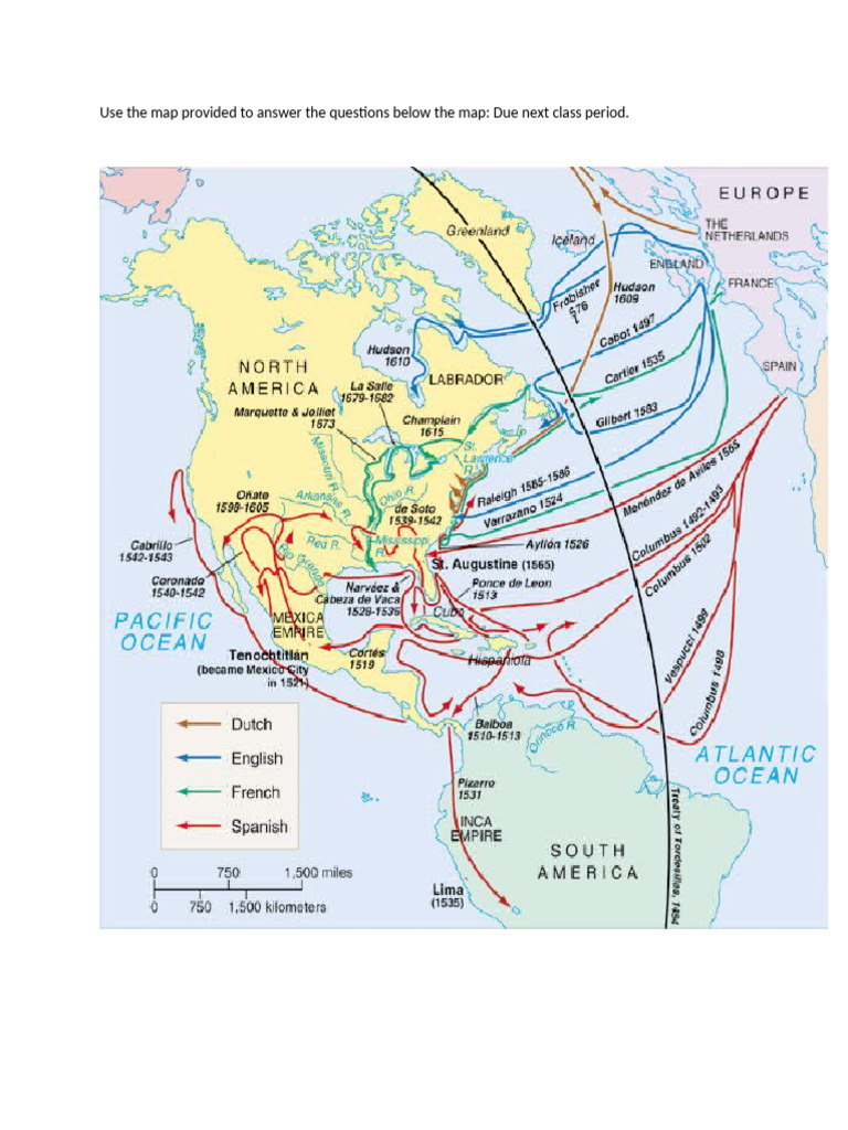 England, France, Dutch Exploration Map and Questions | PDF
