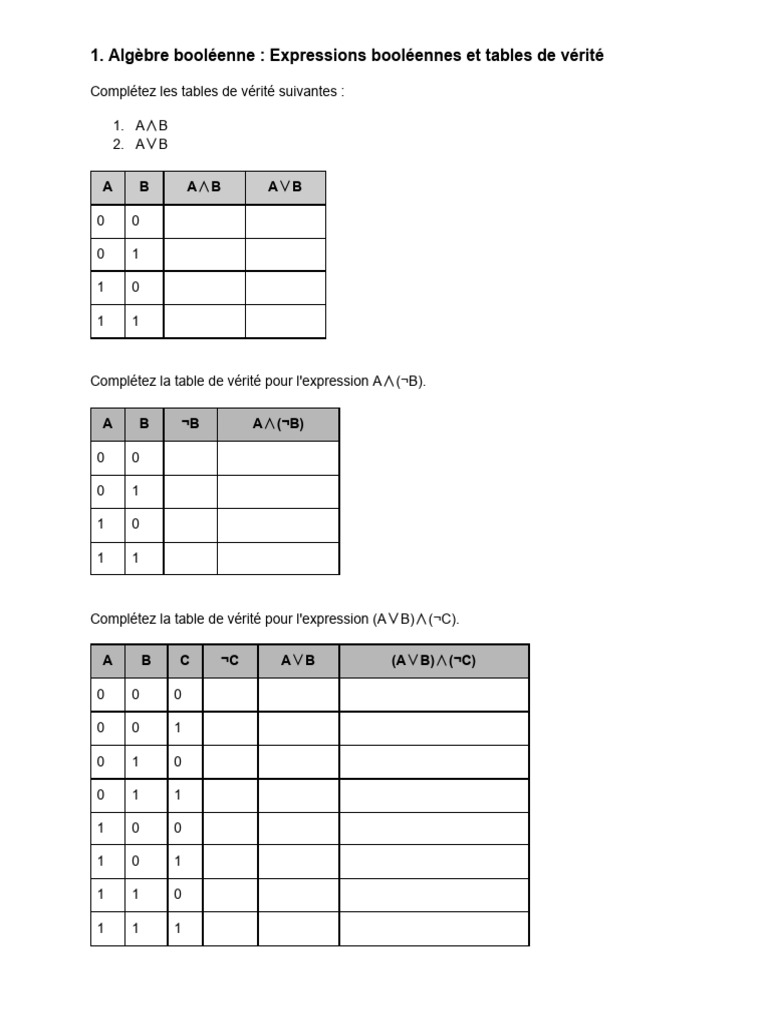 Exercices Booléen Binaire 01 | PDF