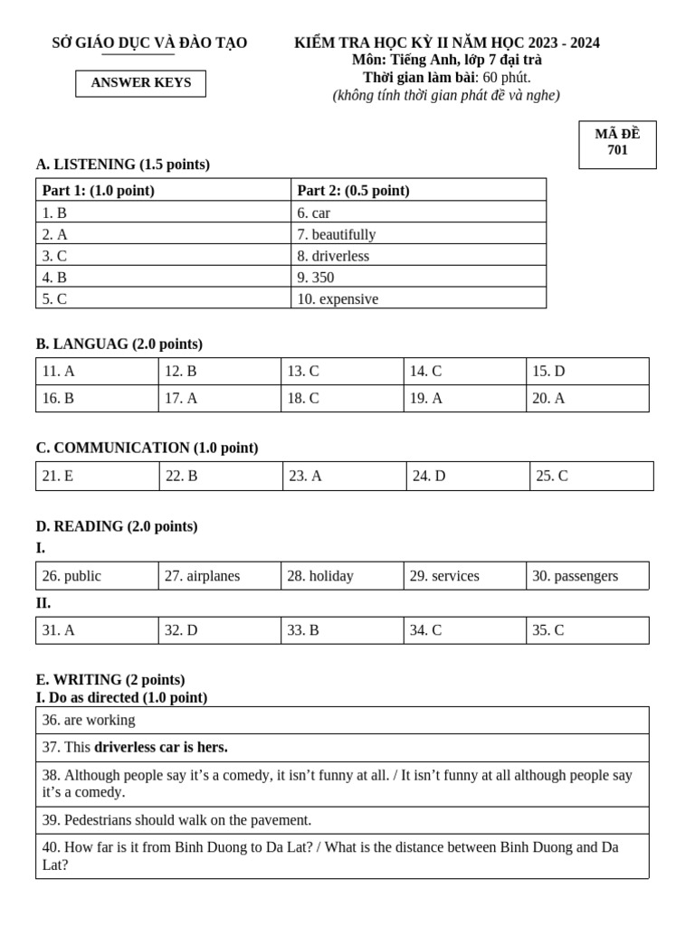Answer Keys - Code 701 | PDF