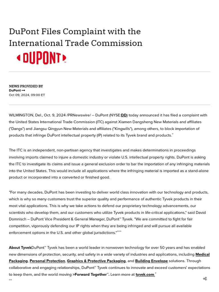 DuPont Files Complaint With The International Trade Commission | PDF