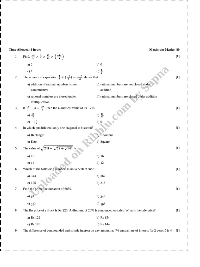 Cbse Class 8 Maths Sample Question Paper 2023 24 | PDF