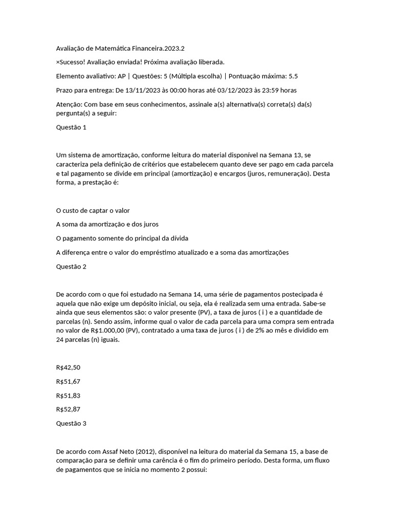 Avaliação de Matemática Financeira | PDF