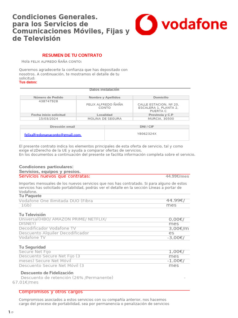 Contrato Vodafone para 2 Lineas 111111 | PDF