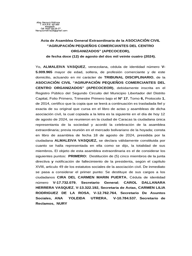 Acta de Asamblea General Extraordinaria de La Asociación Civil | PDF