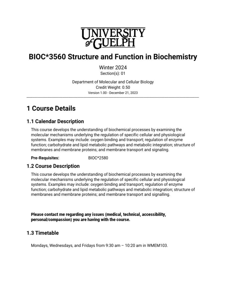 BIOC*3560 Structure and Function in Biochemistry Course Outline | PDF