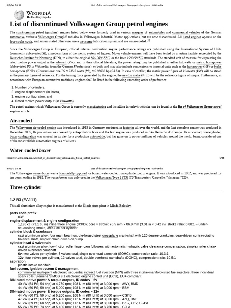 List of Discontinued Volkswagen Group Petrol Engines - Wikipedia | PDF