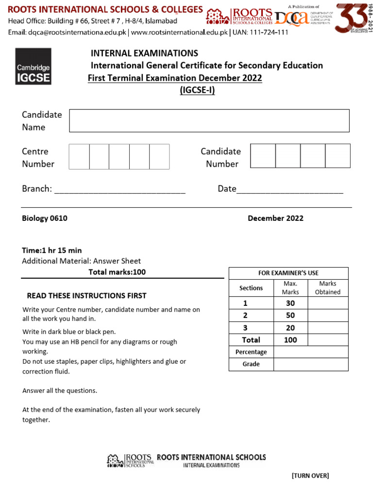 First Term Exam Biology - IG 1 2022 | PDF