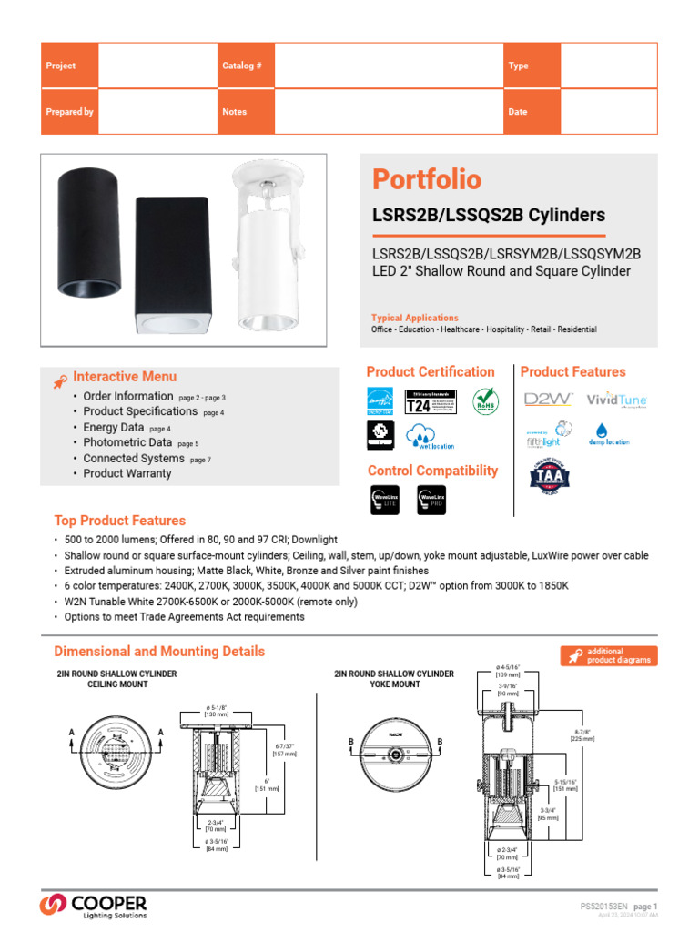 Portfolio LSRS2B LSSQS2B 2 Inch Shallow Cylinder Specification Sheet | PDF