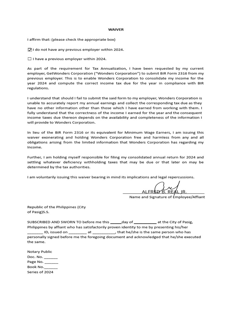 Wonders BIR 2316 Waiver | PDF