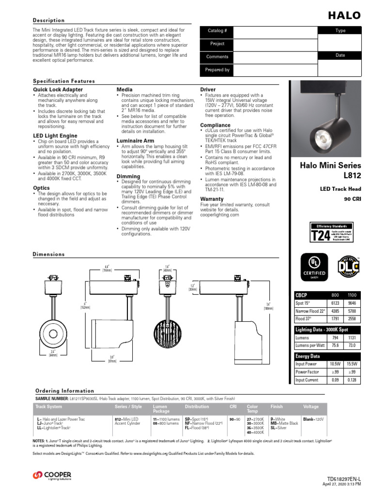 Halo L812 Mini Track Spec Sheet - HALO-L812-Mini-LED-track-spec-sheet | PDF