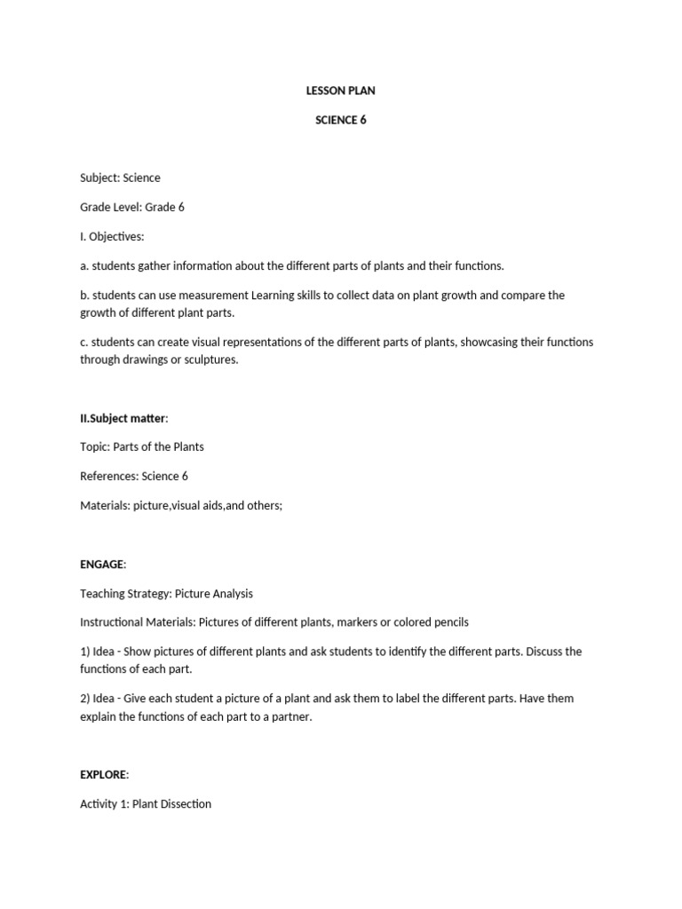 5es Lesson Plan in Science Grade 6. Parts of The Plants | PDF