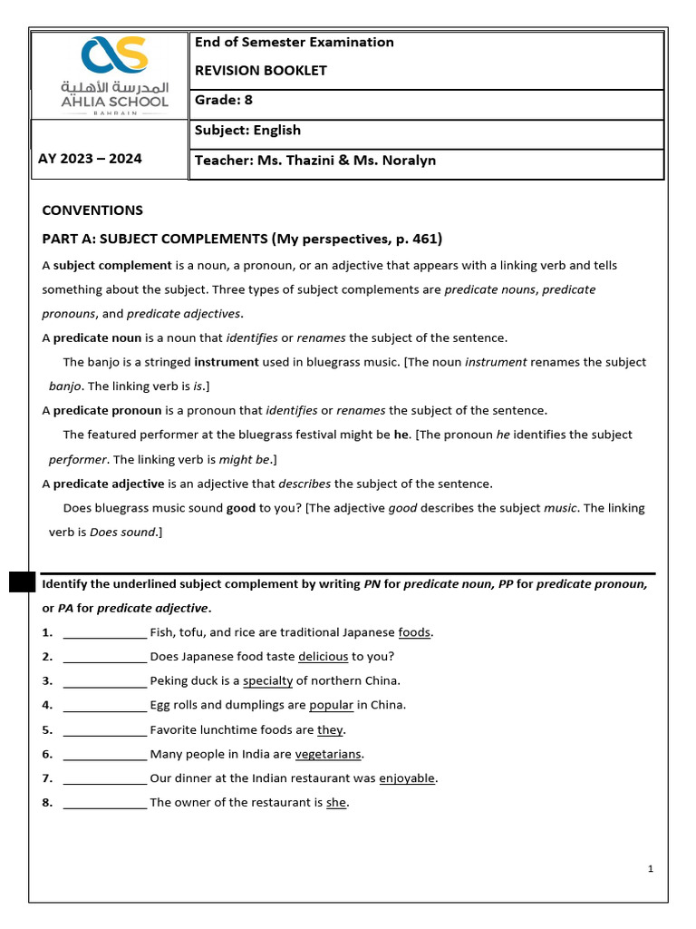 G8 ENGLISH S2 Revision Booklet AY 23-24 | PDF