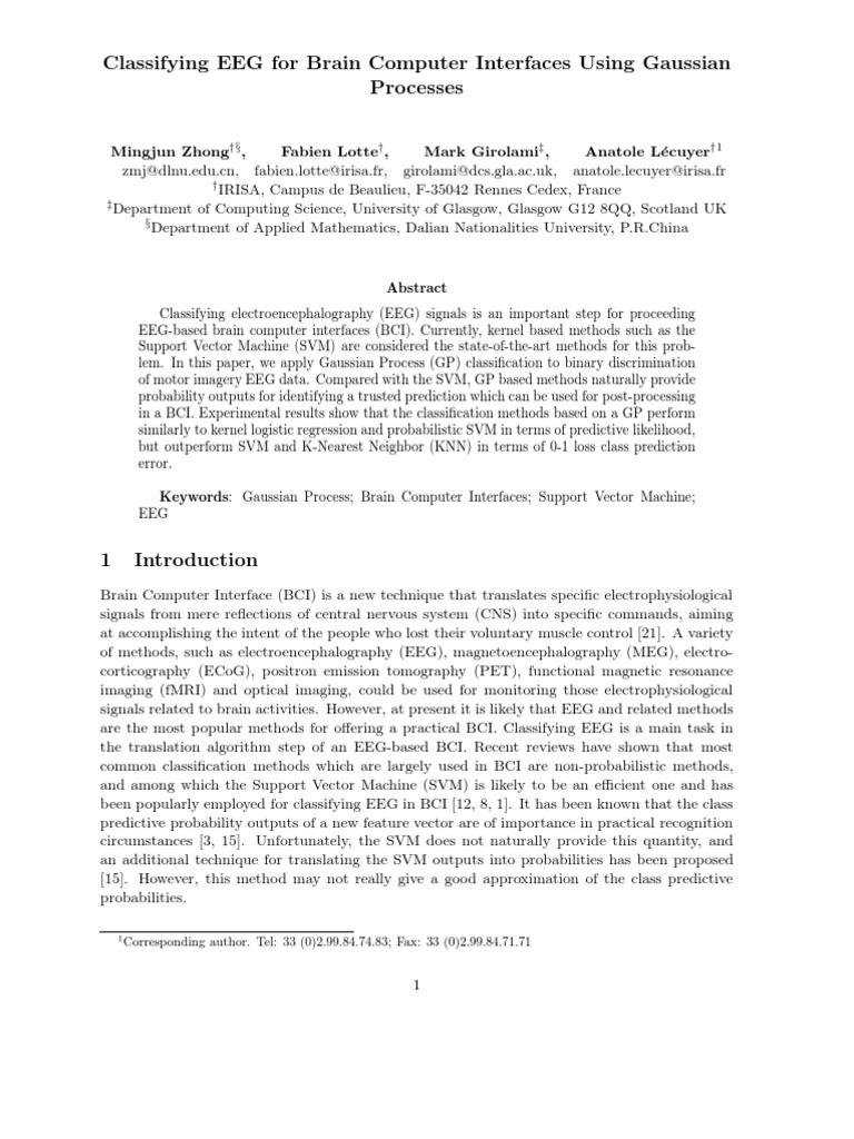 Mingjun Zhong Et Al Classifying Eeg For Brain Computer Interfaces Using Gaussian Processes