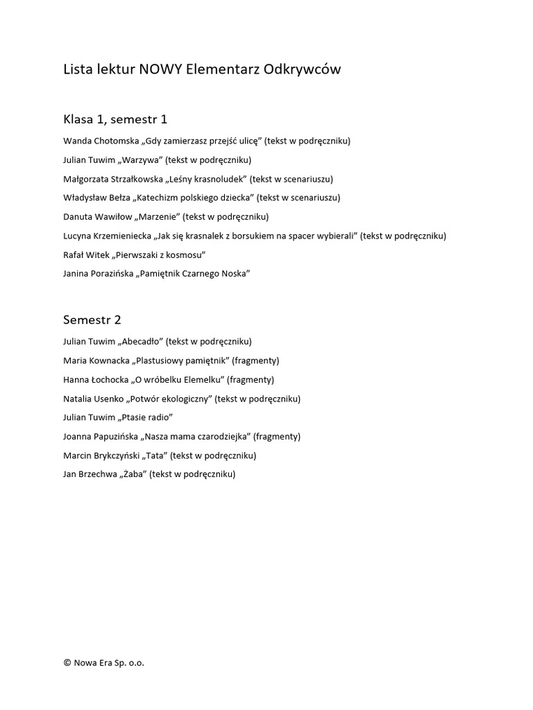 Lista Lektur Klasa 1 | PDF