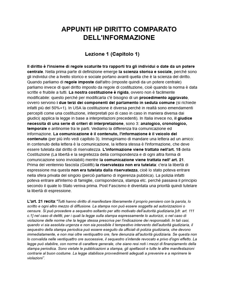 Appunti HP Diritto Comparato Dell'Informazione | PDF