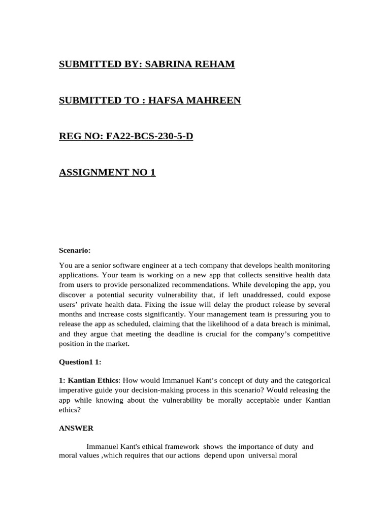 Submitted By: Sabrina Reham: Scenario | PDF