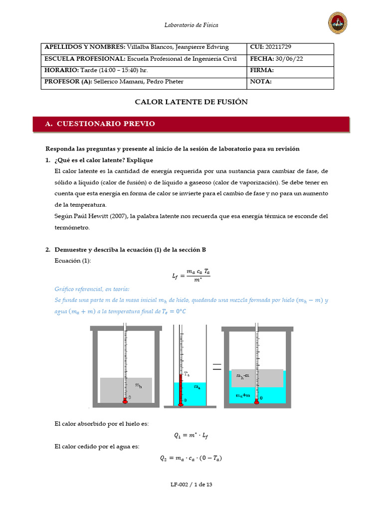 Guia 10 - Calor Latente de Fusión (Práctica) | PDF