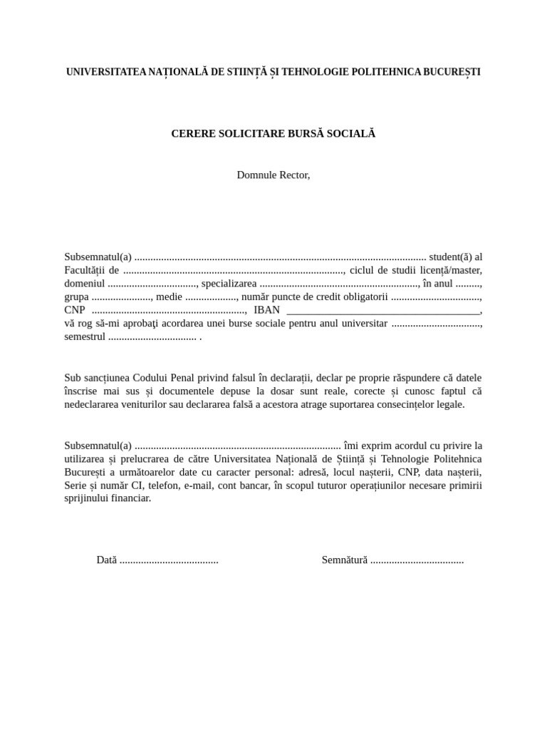 Model General Cerere Bursa Sociala | PDF