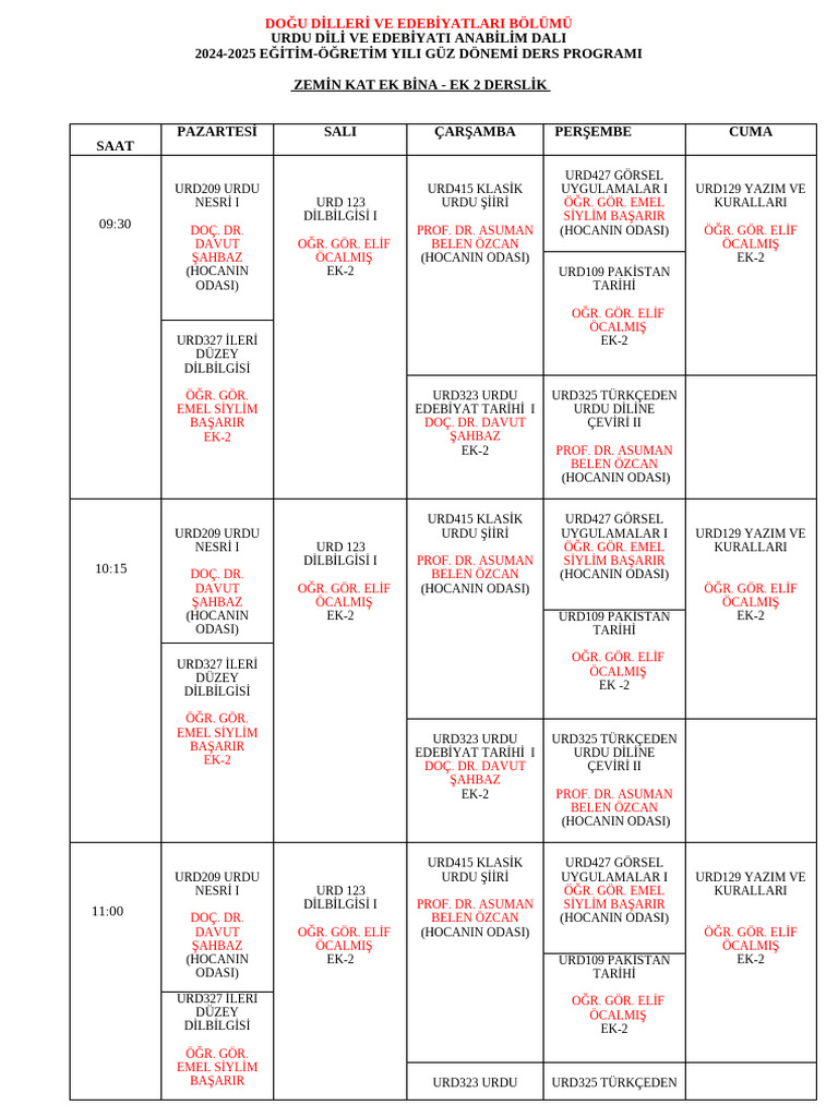 2024-2025 Guz Donemi Ders Programi | PDF