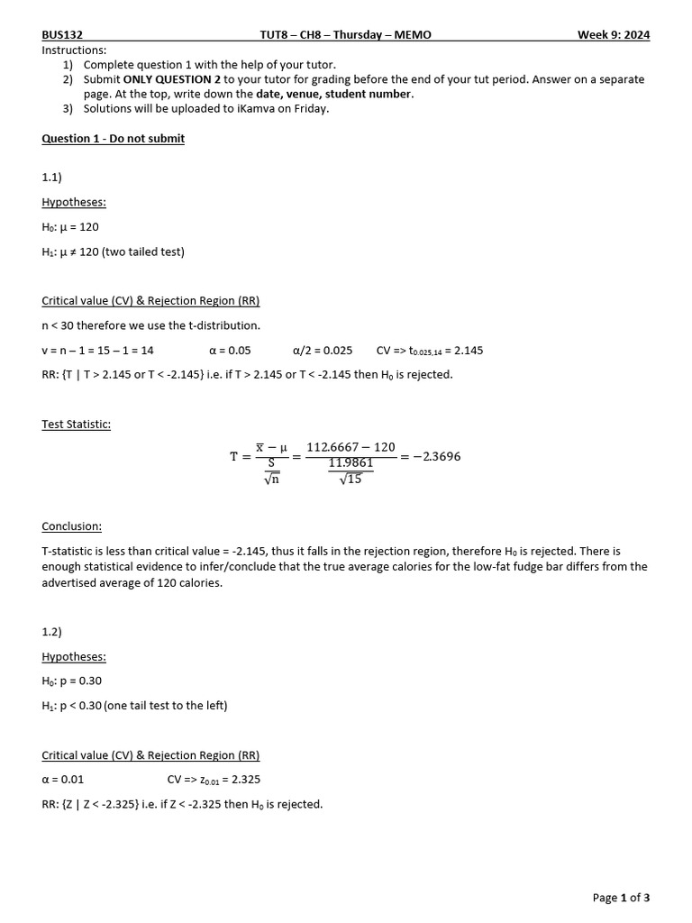 BUS132 - Tut 8 - Ch8 - Thursday - 2024 - Memo | PDF