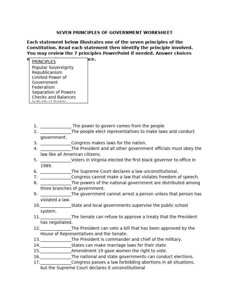 Seven Principles of Government Worksheet | PDF