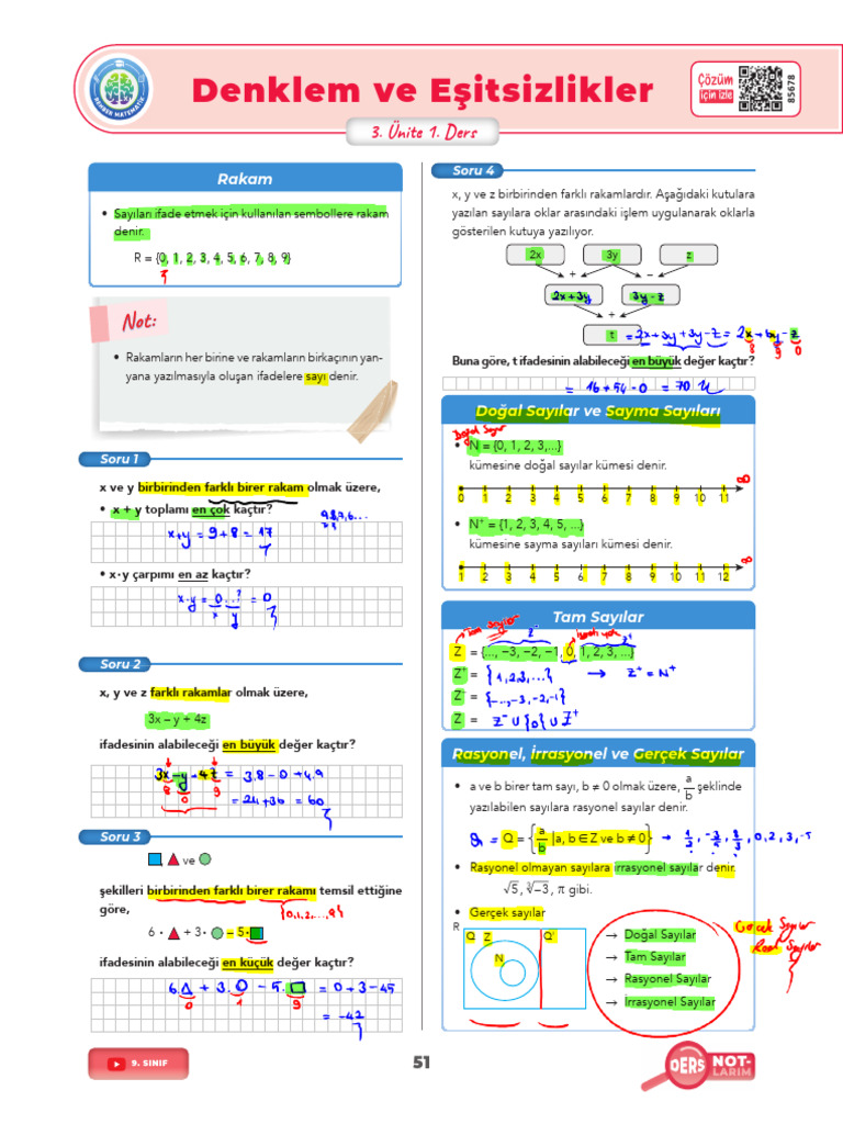 1 - Ders - 9 Sinif Matbook Denklem Ve Eşi̇tsi̇zli̇kler | PDF