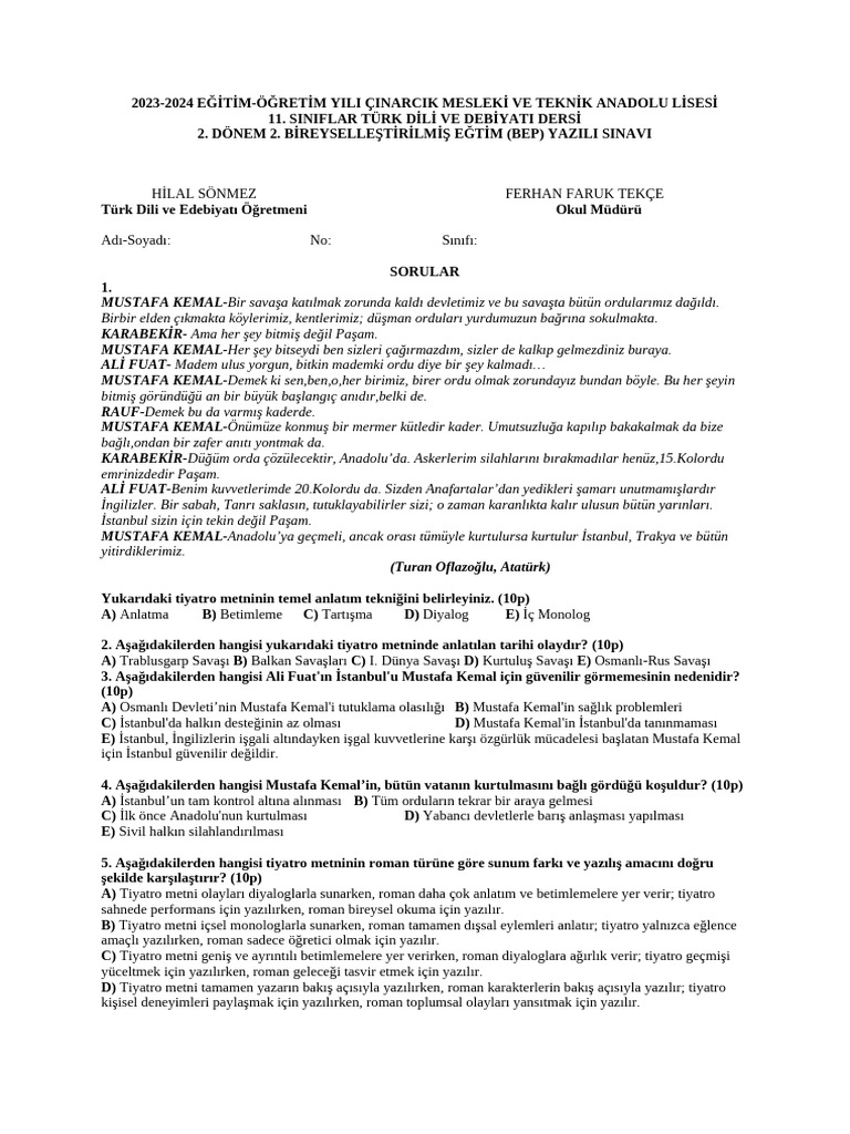 Siniflar Türk Di̇li̇ Ve Debi̇yati Dersi̇ Bep Sinavi | PDF Siniflar Türk Di̇li̇ Ve Debi̇yati Dersi̇ Bep Sinavi | PDF