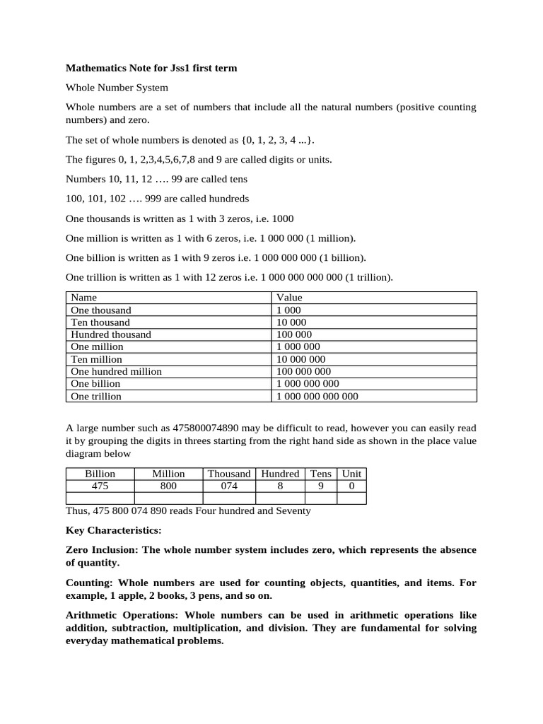Mathematics Note For Jss1 First Term | PDF