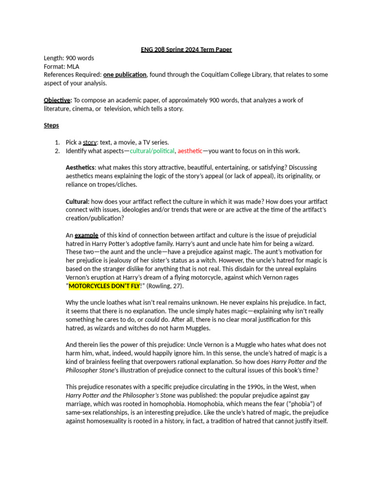 ENG 208 Spring 2024 Term Paper | PDF