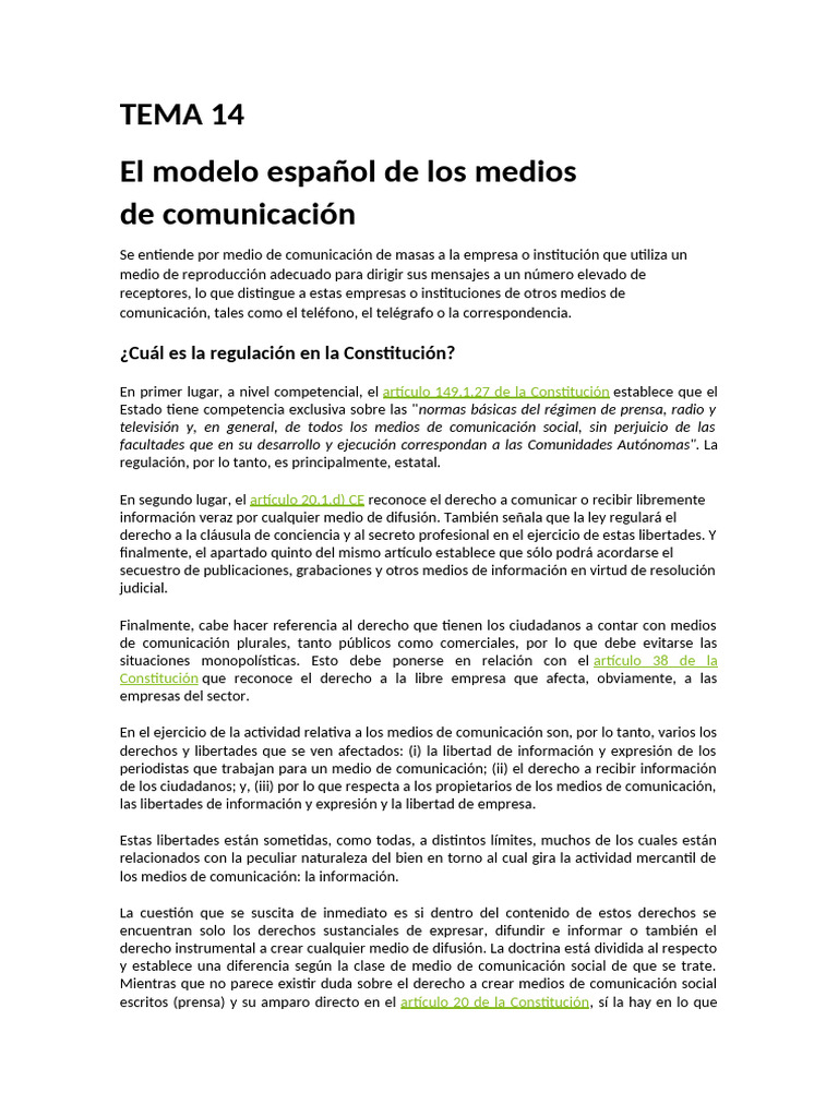 TEMA 14 - El Modelo Español de Los Medios de Comunicación | PDF