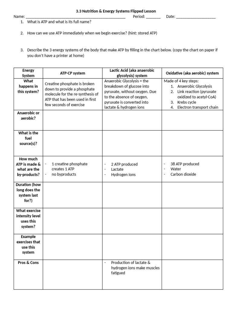 3.3 Nutrition & Energy Systems Flipped Lesson | PDF
