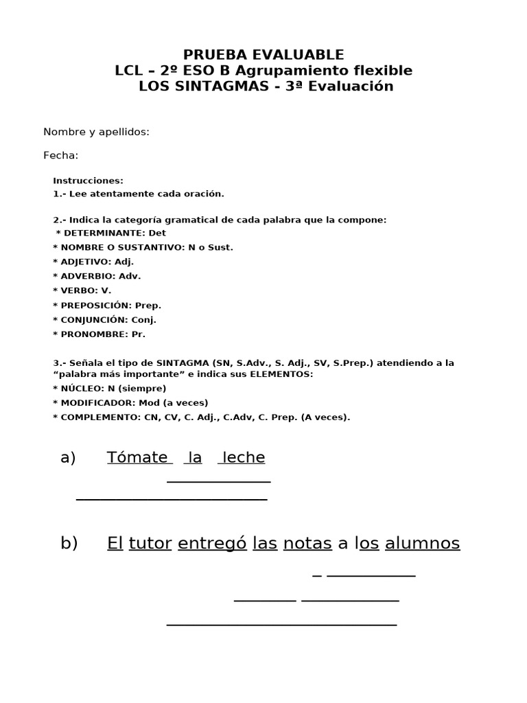 Prueba Evaluable SINTAGMAS | PDF | Métodos y materiales de enseñanza