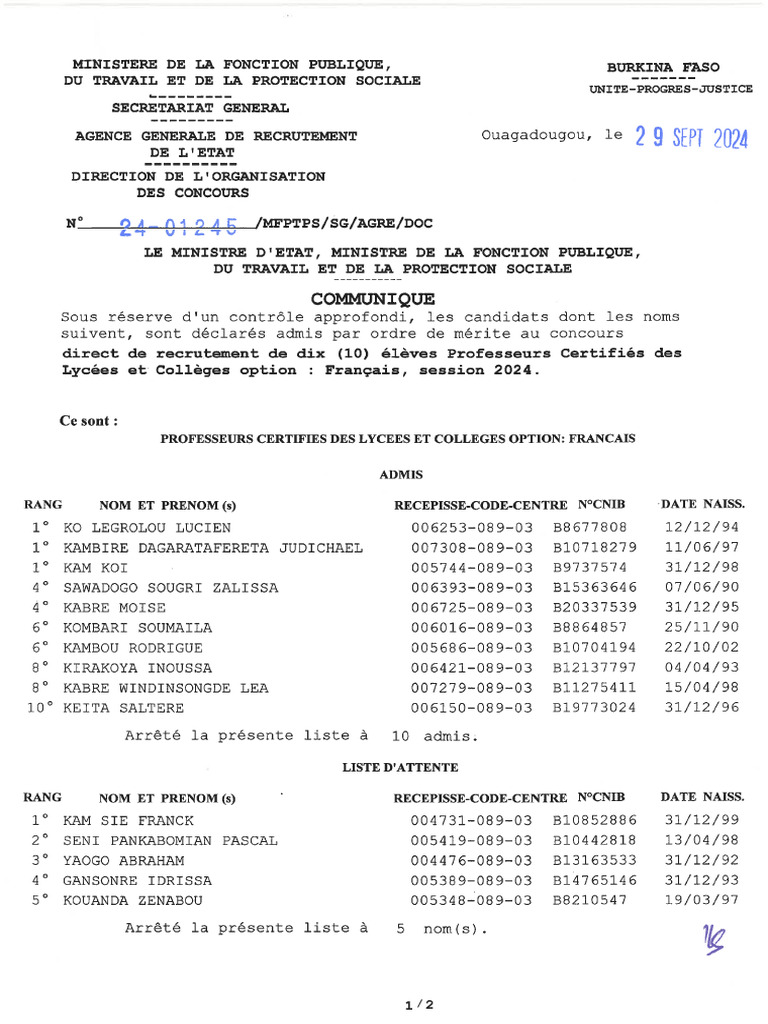 Resultat CD 2024 PCLC Francais Admis | PDF