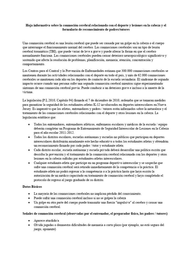 Concussion Fact Sheet and Acknowledgement Form - Spanish - Accessible | PDF