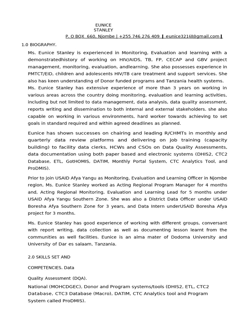 Eunice Stanley - MELO (CSSC) - CV | PDF