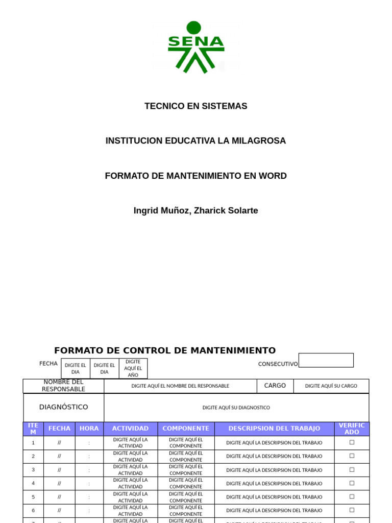 Formato de Control de Mantenimiento en Word Ingrid Muñoz, Zharick ...