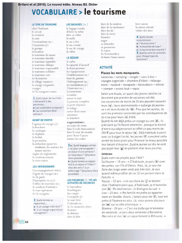 Exercices de lexique II (le tourisme) | PDF