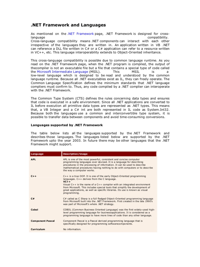 NET Framework | PDF | Object Oriented Programming | Programming Language