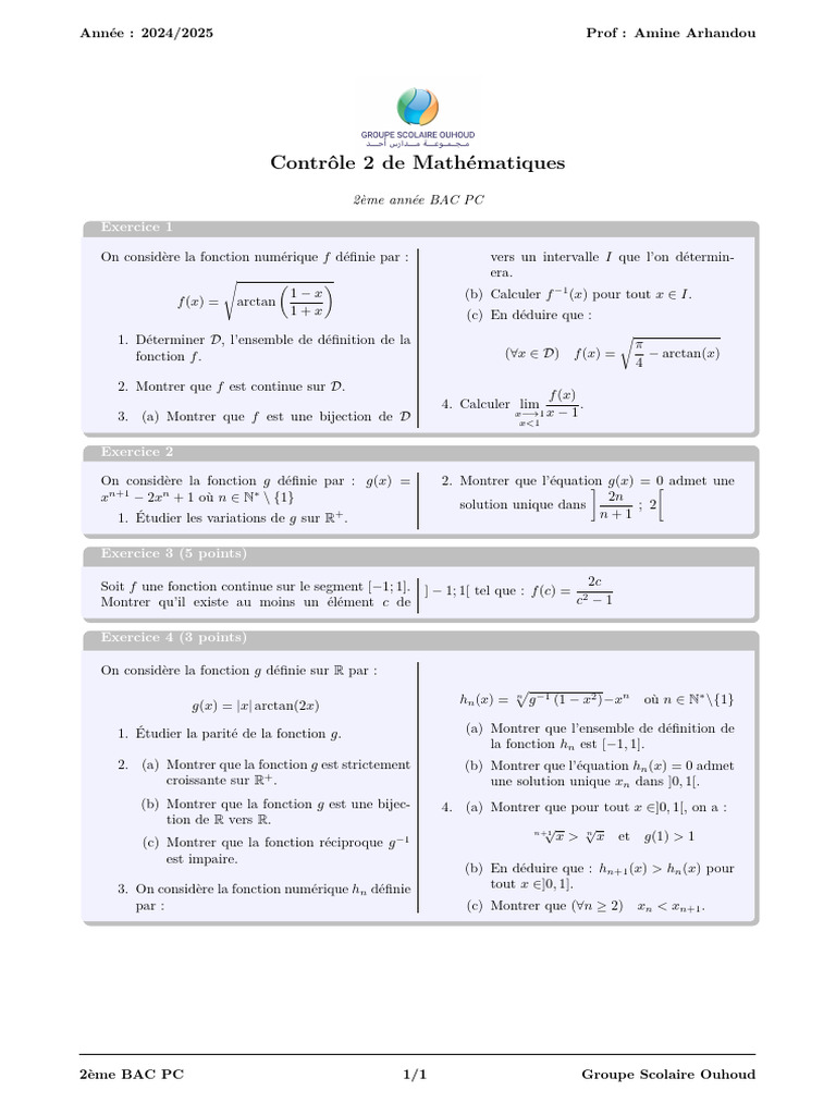 Contrôle 2 BAC PC Ouhoud Spécial Contrôle | PDF